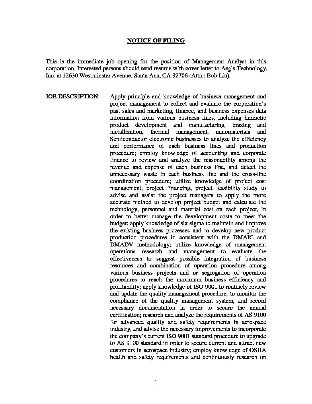Notice of Filing | Aegis Technology